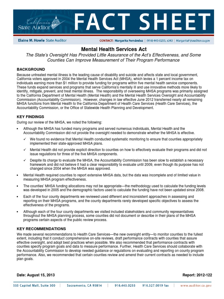 CA Auditor Mental Illness Fact Sheet | PDF | Mental Health | Community ...