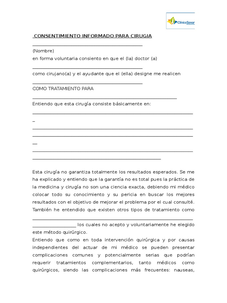 Consentimiento Informado Para Cirugia | Cirugía | Medicina