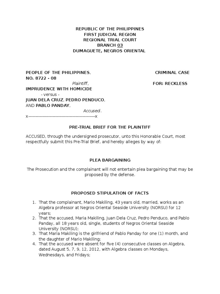 Assignment Pre Trial Brief | PDF | Plea Bargain | Prosecutor