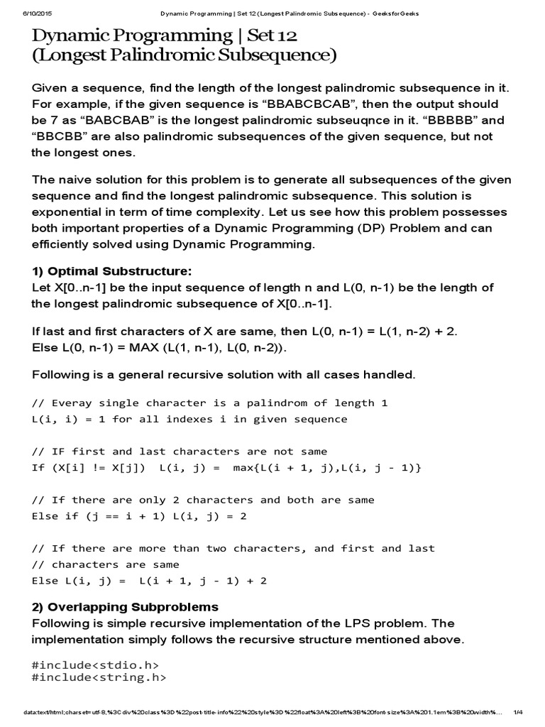 Dynamic Programming Set 12 Longest Palindromic Subsequence Geeksforgeeks Pdf Pdf