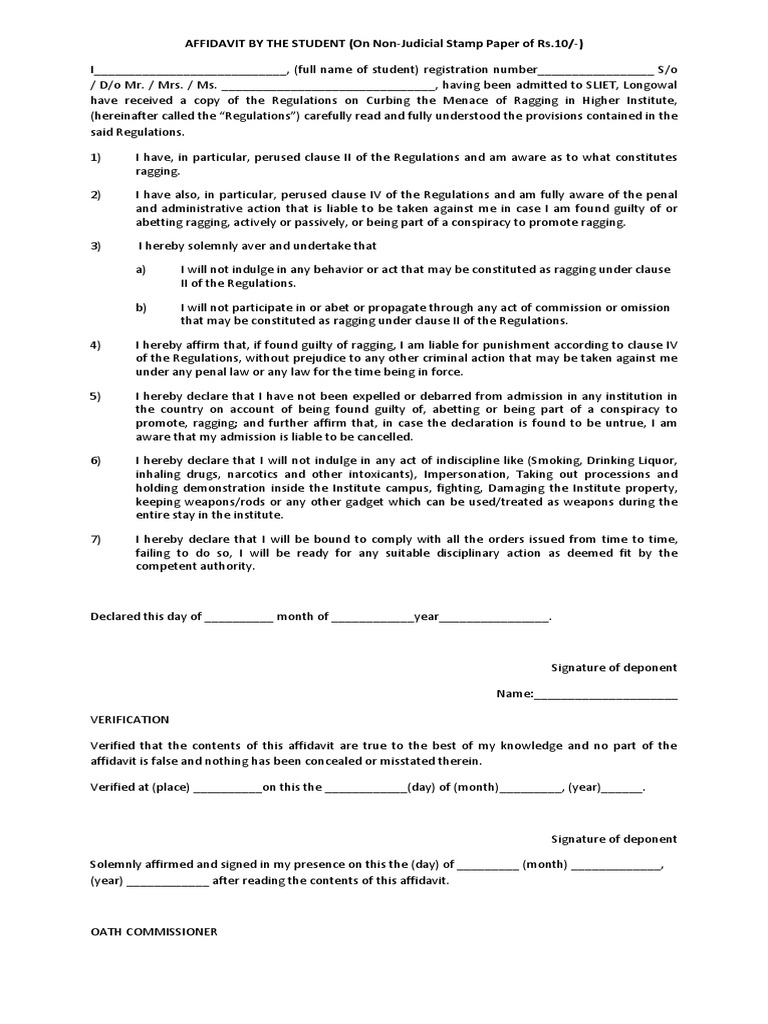 Format of Affidavit by The Student & Parent | PDF | Affidavit | Virtue