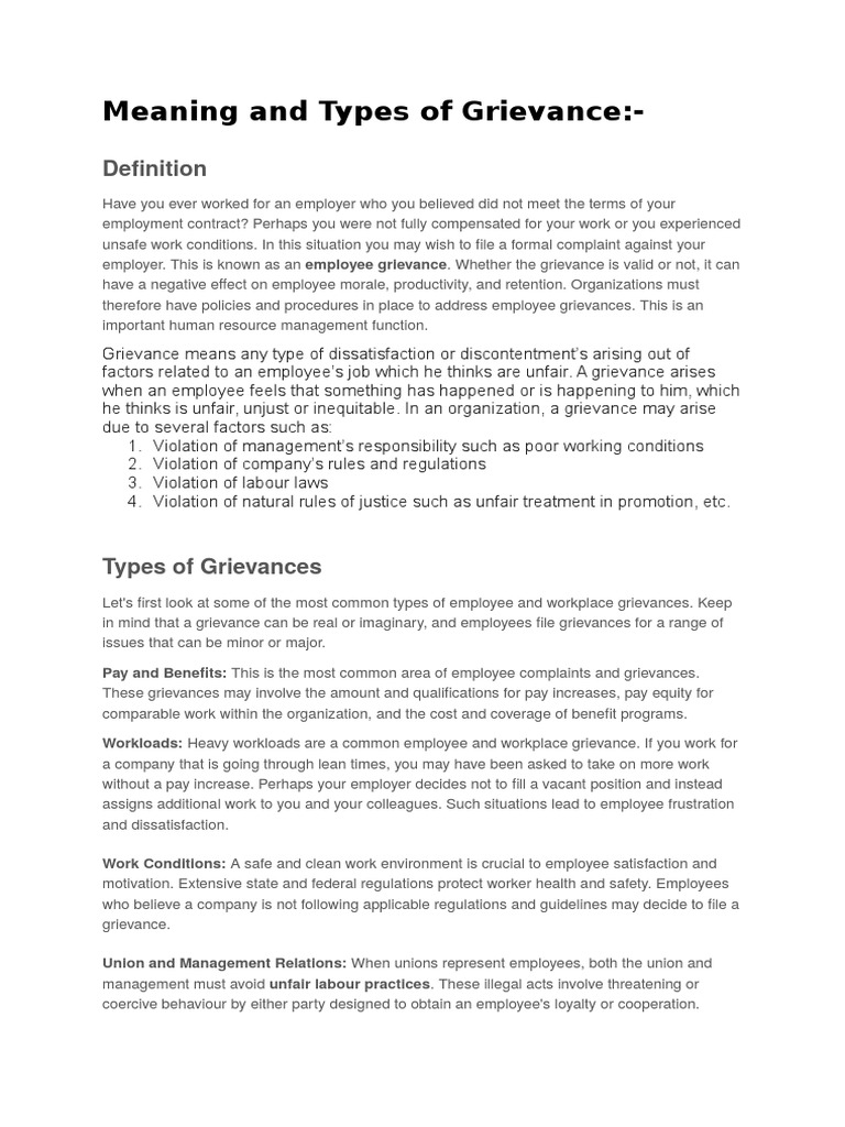 Meaning and Types of Grievance | PDF | Stress (Biology) | Occupational ...