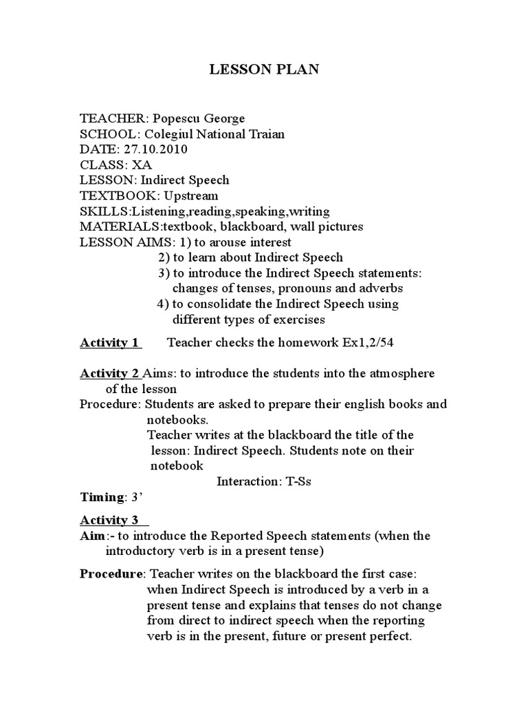 Lesson Plan (Grammar, Rep. Speech) | PDF | Lesson Plan | Grammar