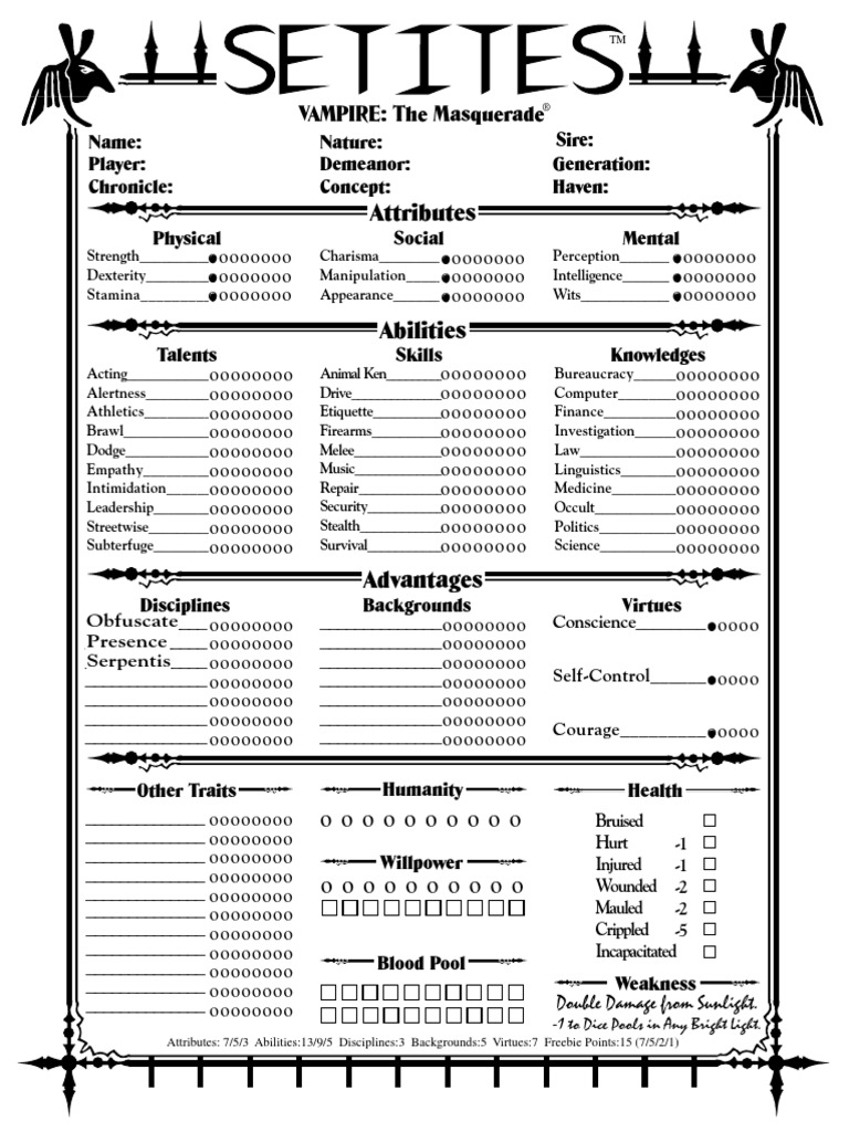 Setite Character Sheet | PDF | Role Playing | Tabletop Games