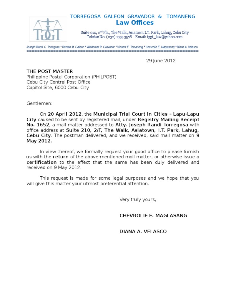 Letter-Request (Postmaster - Cebu City) | PDF