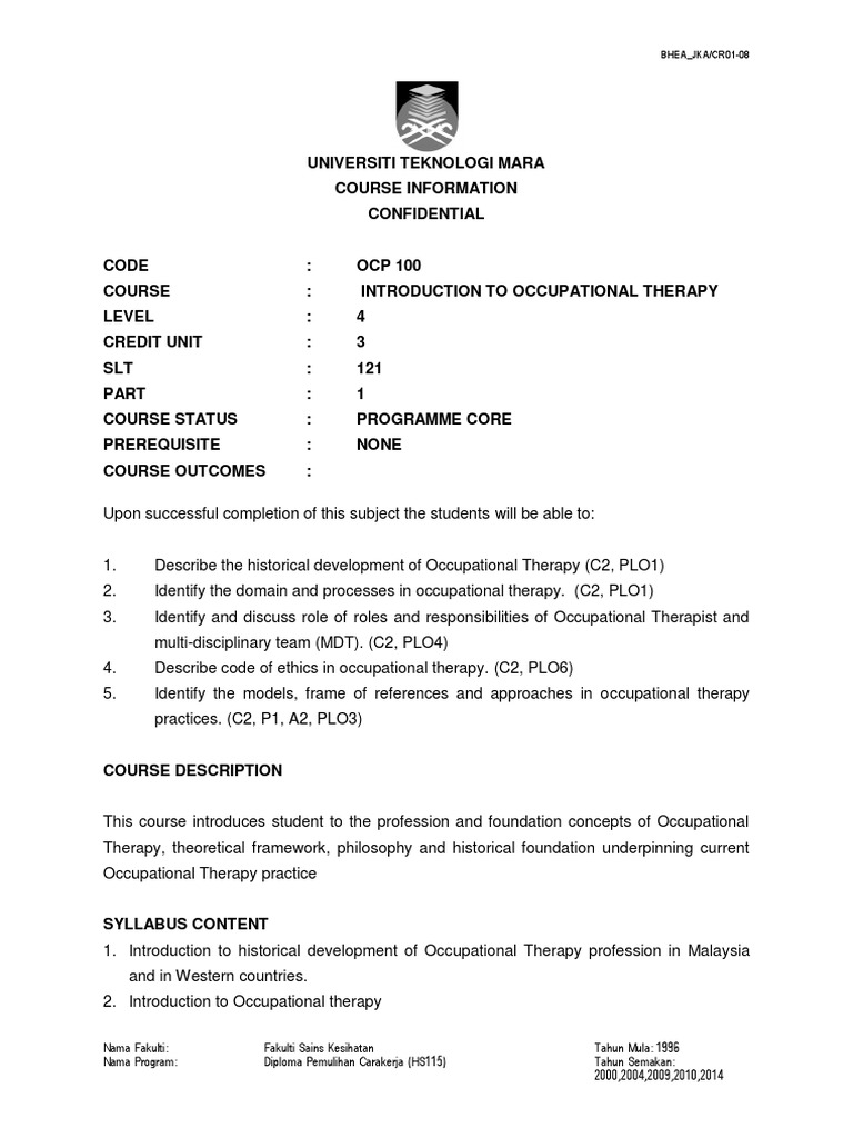 Ocp 100 Course Syllabus Pdf Occupational Therapy Test Assessment