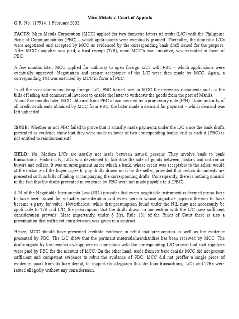 Mico Metals Vs CA | PDF | Letter Of Credit | Negotiable Instrument
