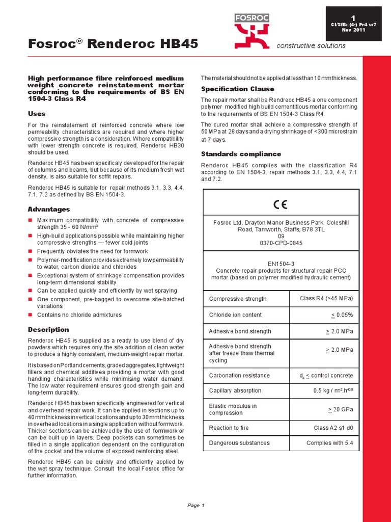 Fosroc Renderoc HB45 1111 | PDF | Concrete | Mortar (Masonry)