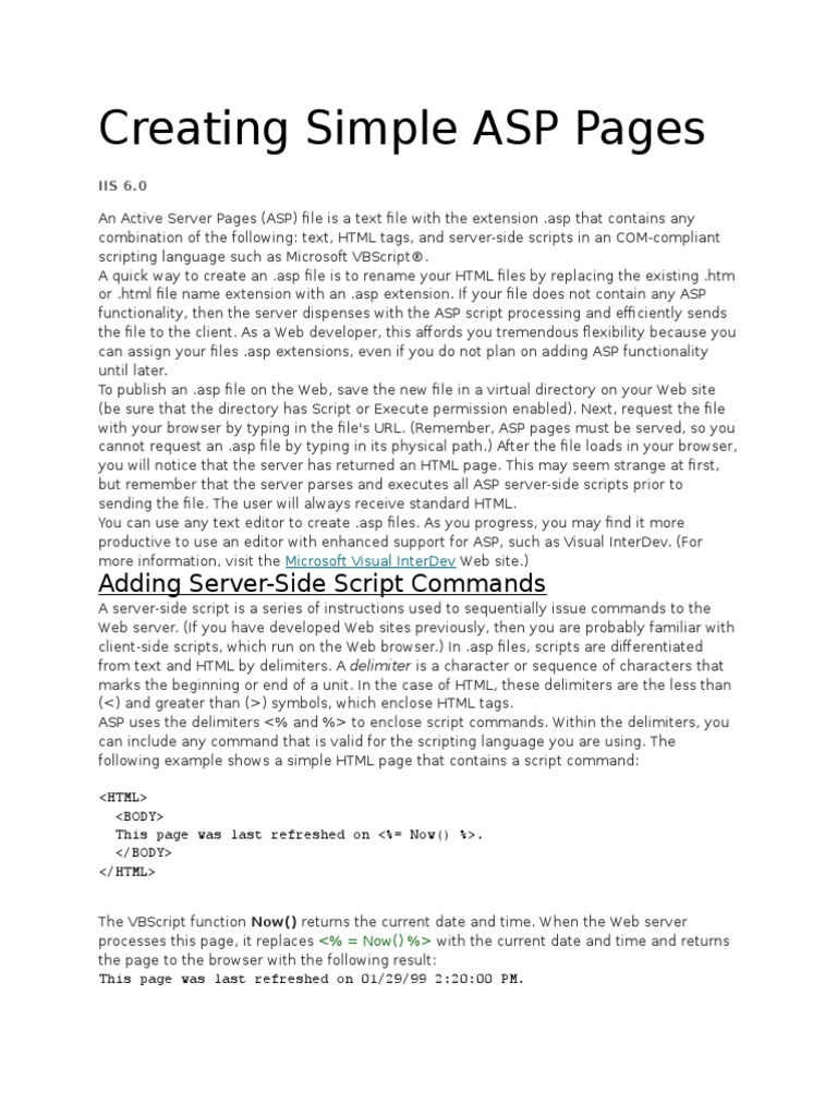 Creating Simple Asp Pages Adding Server Side Script Commands Pdf Active Server Pages Web