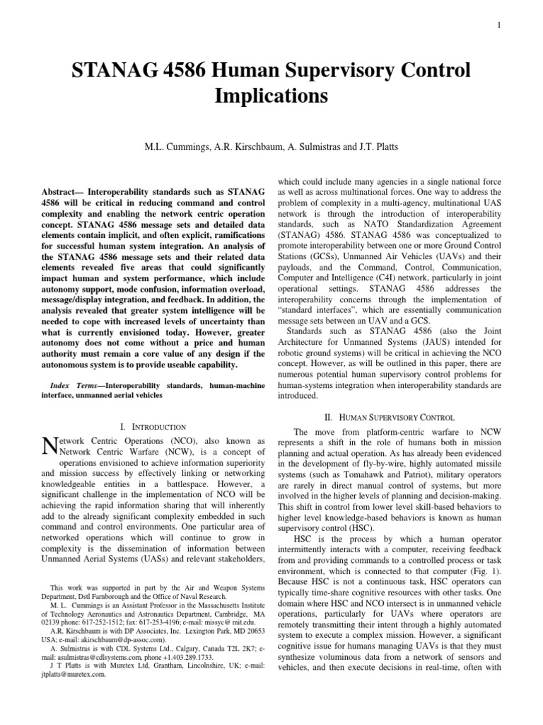 STANAG 4586 Human Supervisory Control Implications | Unmanned Aerial Vehicle | Automation