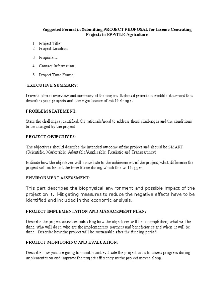 PROJECT PROPOSAL for Income Generating Projects in EPP | Environmental ...