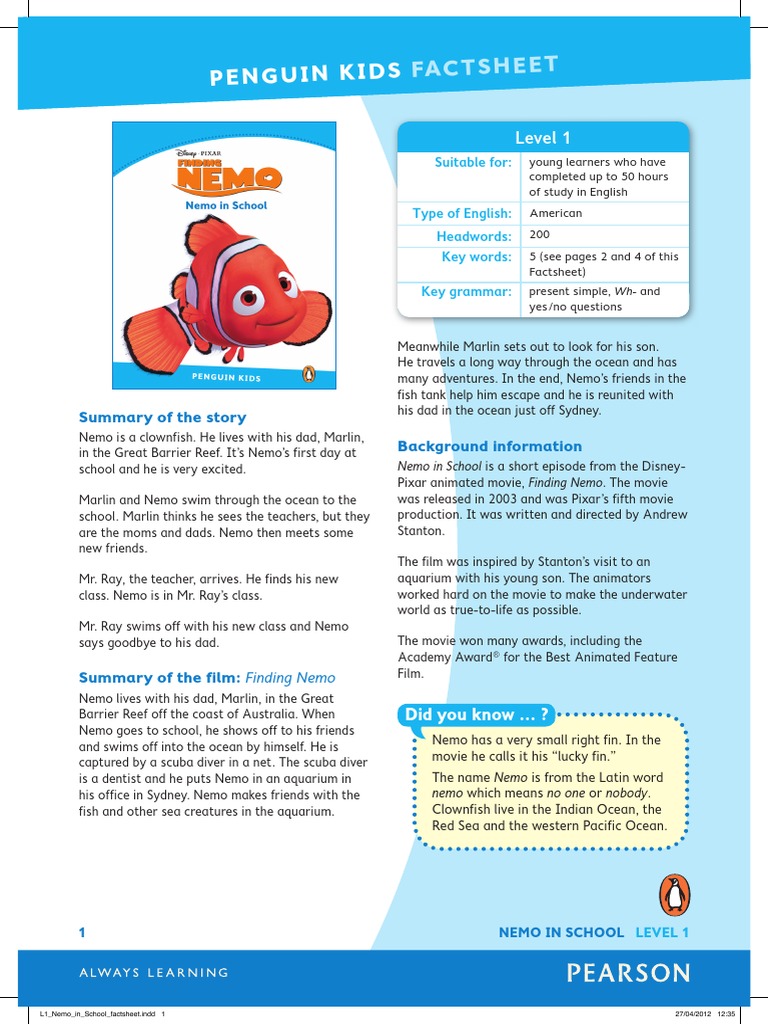 L1 Finding Nemo Teacher Notes American English | Leisure | Nature