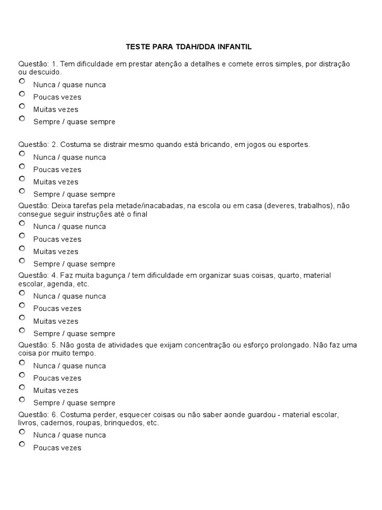 Teste para Tdah e Dda Infantil | PDF | Neurofeedback | Transtorno de ...