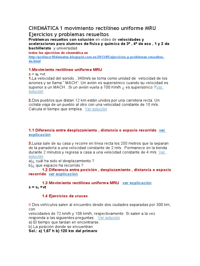 CINEMÁTICA 1 Movimiento Rectilíneo Uniforme MRU Ejercicios y Problemas Resueltos | PDF ...