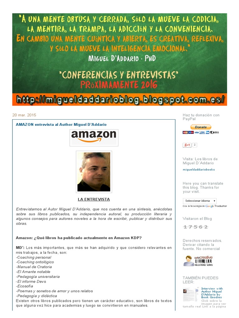 AMAZON Entrevista Al Autor Miguel D'Addario | PDF | Blog | Gorjeo