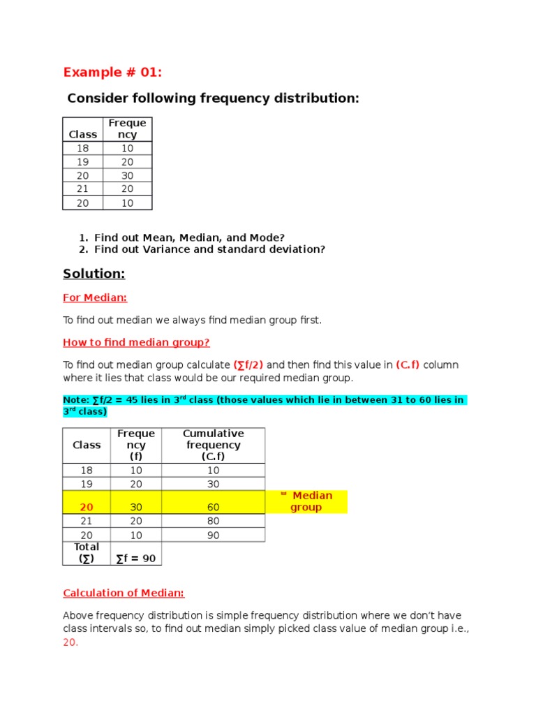 Calculation Of Mean Median Mode Variance Standard Deviation For 