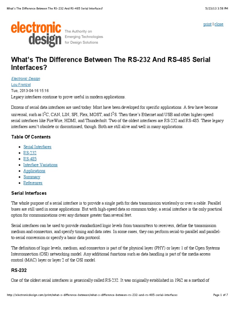 RS-232 vs RS-485 Serial Interfaces Explained | PDF | Networks | Electricity