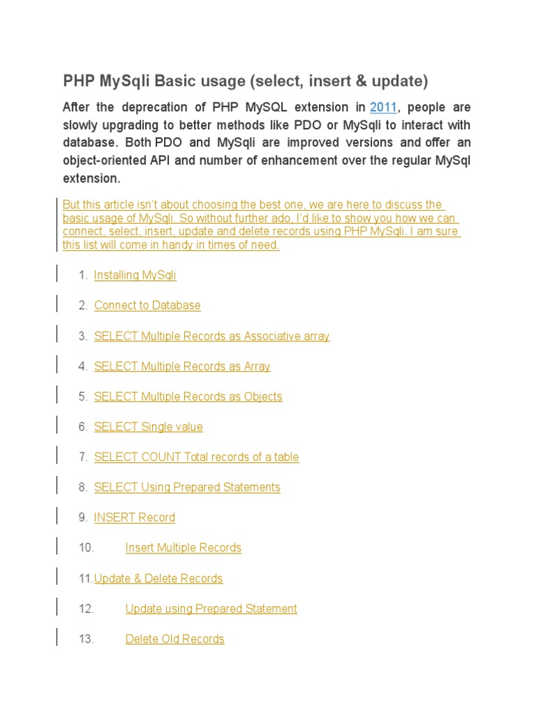 Php Mysqli Basic Usage Pdf Data Management Software Sql