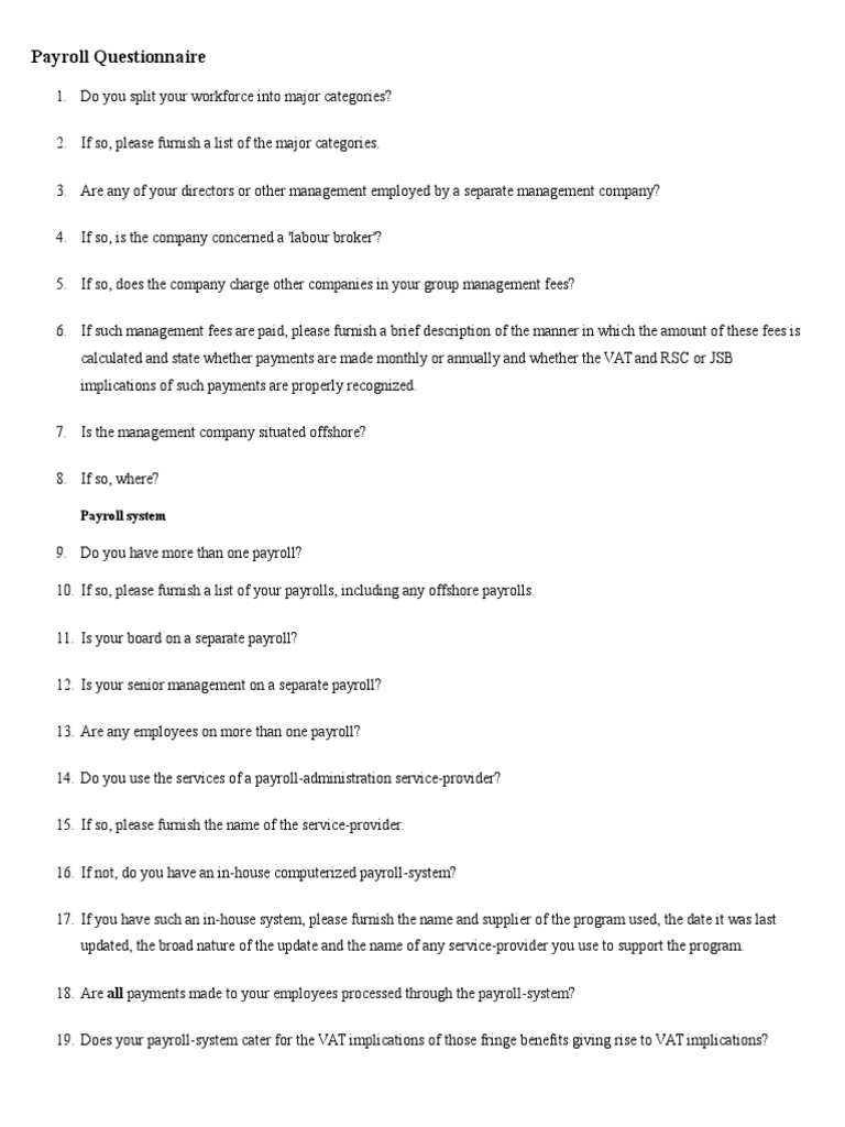Payroll Questionnaire | PDF | Payroll | Employee Benefits