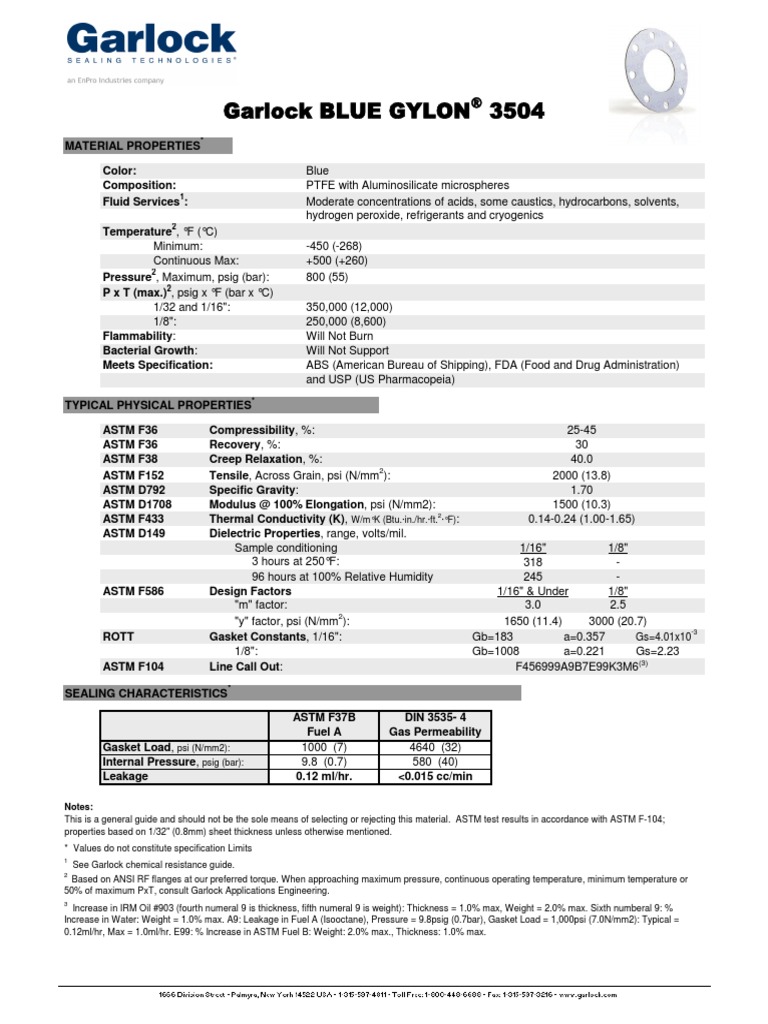 Garlock 3504 Blue Gylon Data Sheet | PDF