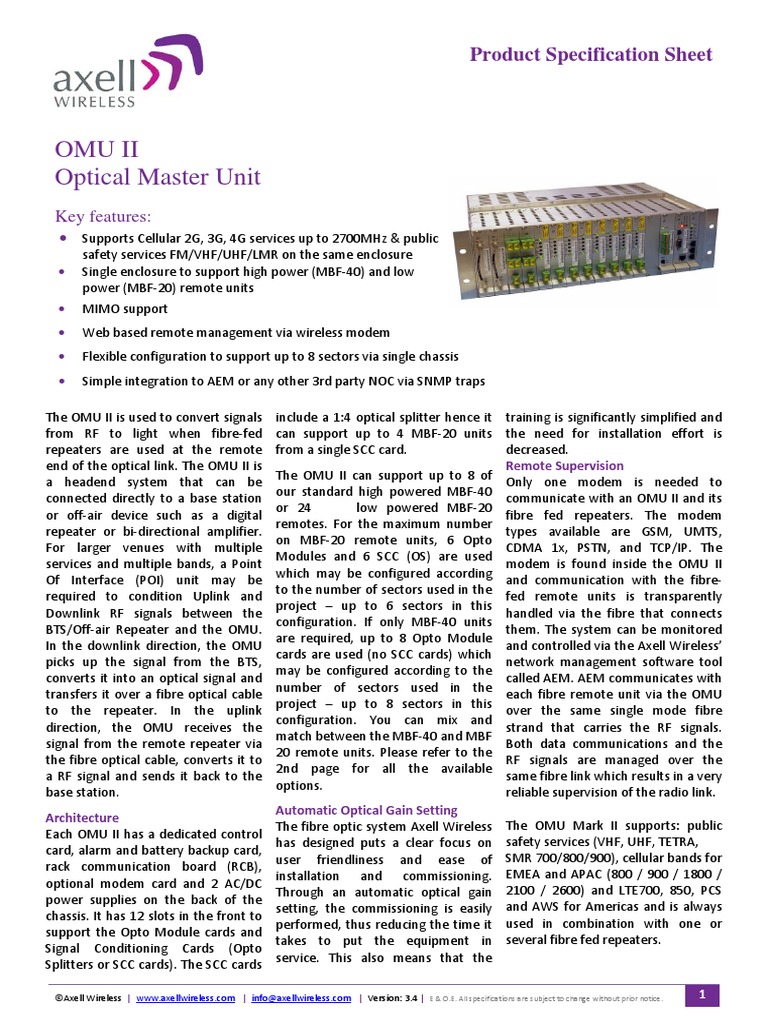 Axell Wireless OMU II Product Spec Global V3-4 | PDF | Modem ...