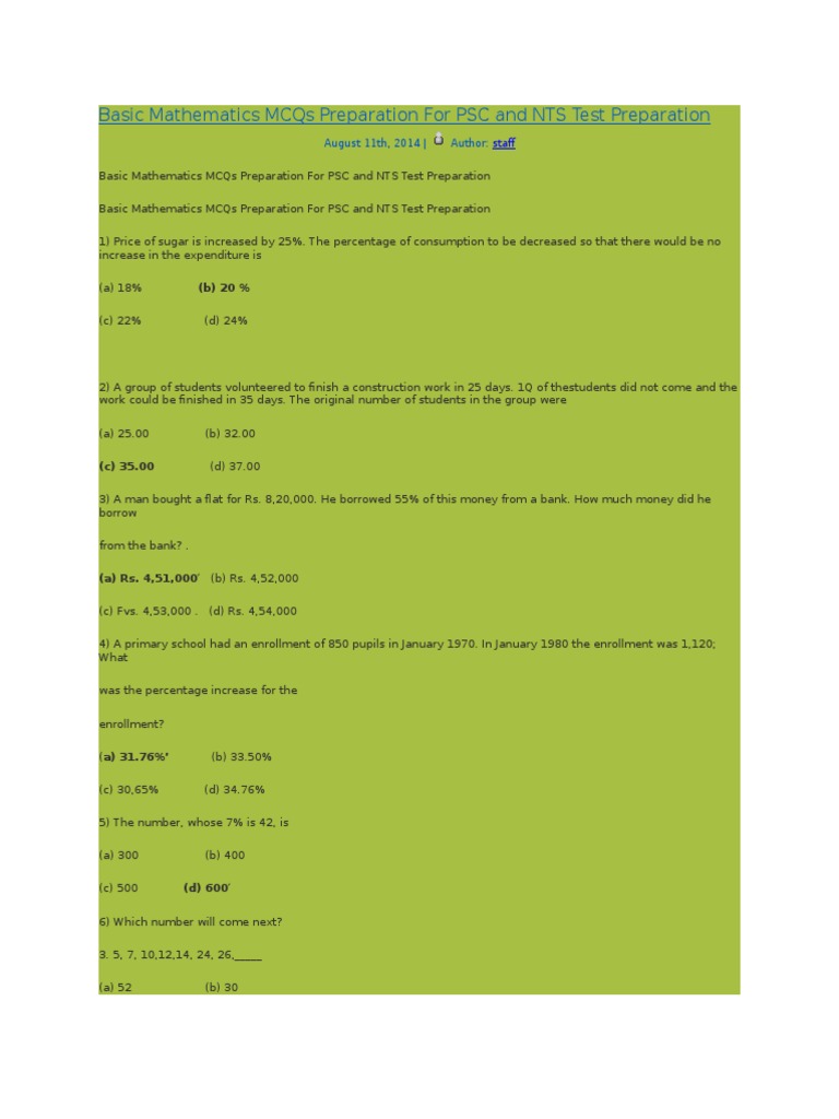 Basic Mathematics Mcqs Preparation For PSC and Nts Test Preparation ...