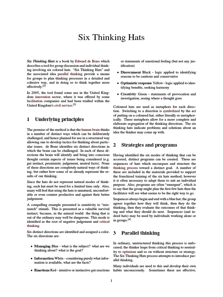Six Thinking Hats | PDF | Neuropsychological Assessment | Behavioural ...