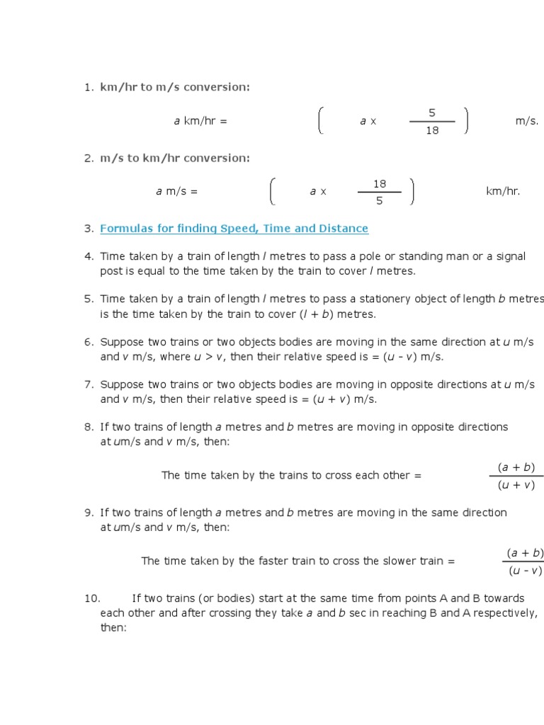 Speed Conversion & Train Time Formulas | PDF | Fraction (Mathematics ...