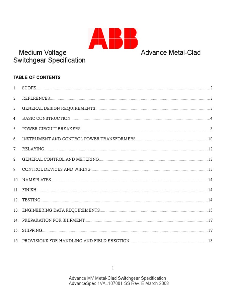 ABB MV Swgr Specification | Switch | Transformer