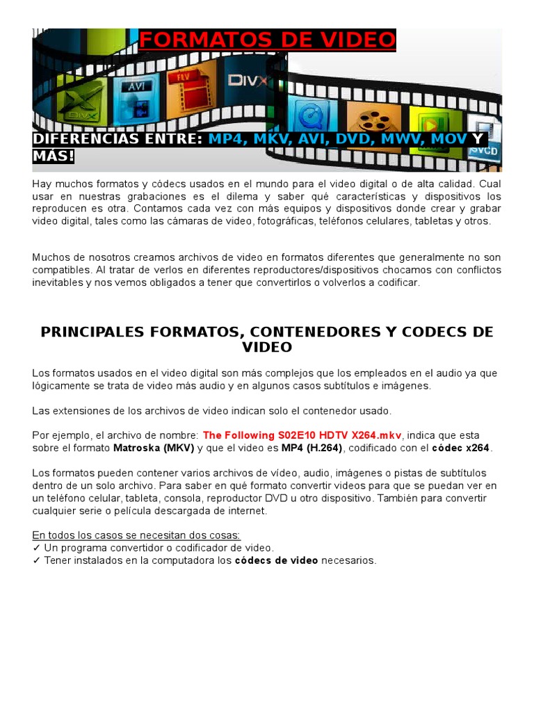 Formatos de Video, Diferencias Ente Otros Formatos y Uso Correcto | PDF ...