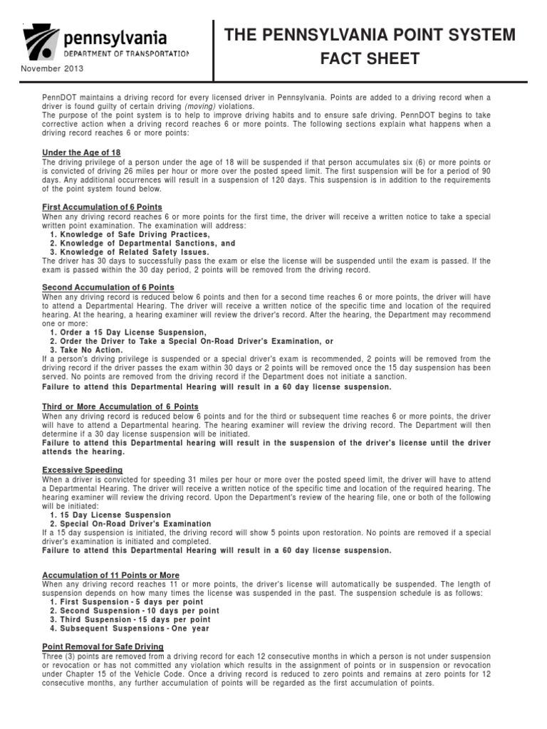 PennDOT Fact Sheet On The License Point System | PDF | Safety | Road ...