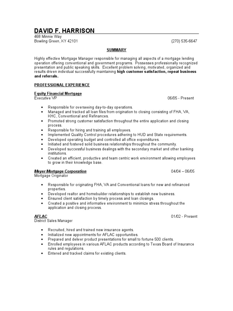 David Harrison Resume Mortgage | PDF | Mortgage Loan | Federal Housing Administration
