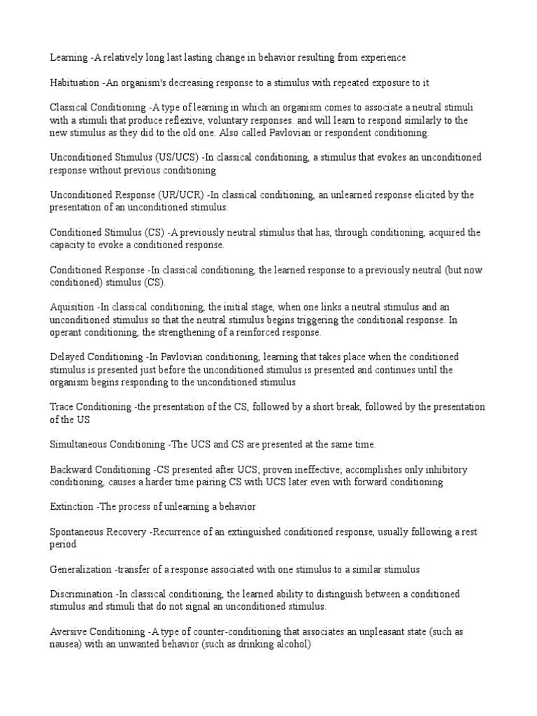 AP Psych Unit 6 Vocab | PDF | Classical Conditioning | Reinforcement