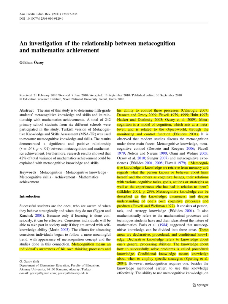 An Investigation Of The Relationship Between Metacognition Pdf Pdf Metacognition Reading