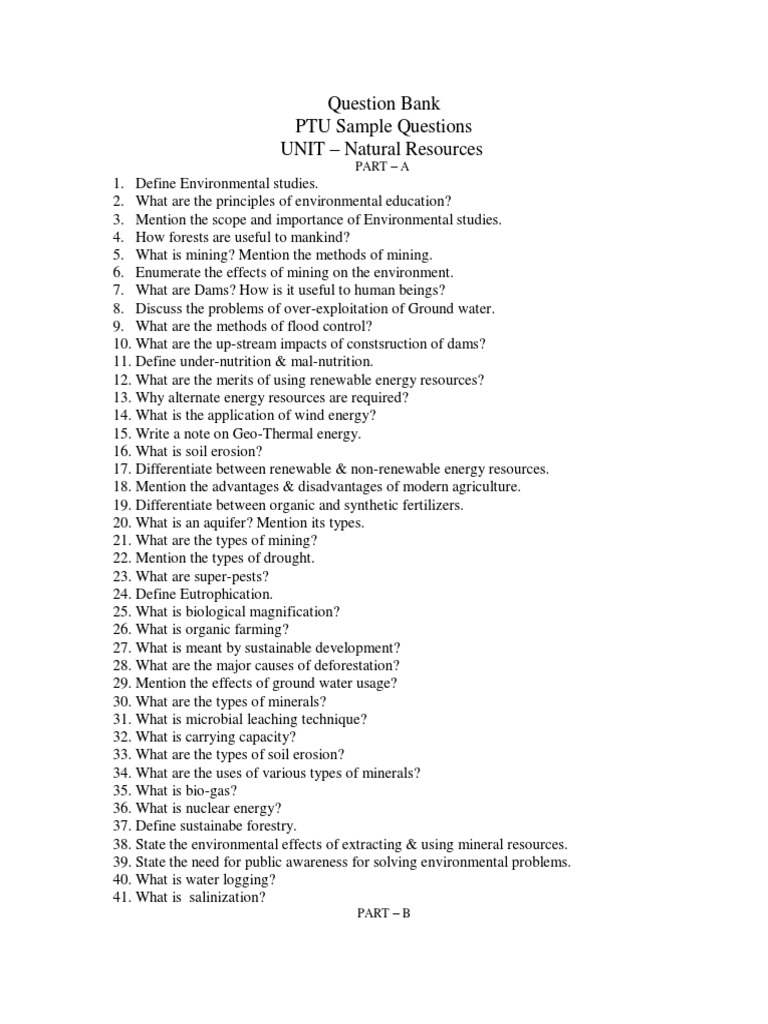 Question Bank PTU Sample Questions UNIT - Natural Resources: Part - A ...