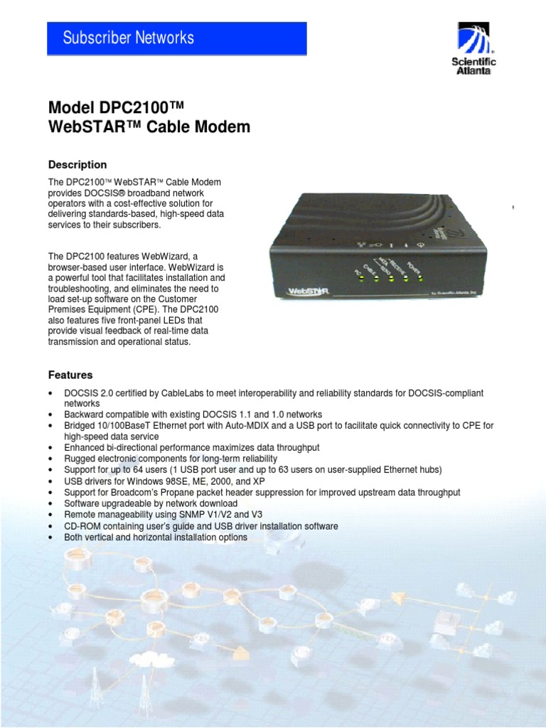 Model Dpc2100™ Webstar™ Cable Modem: Subscriber Networks | PDF | Usb ...