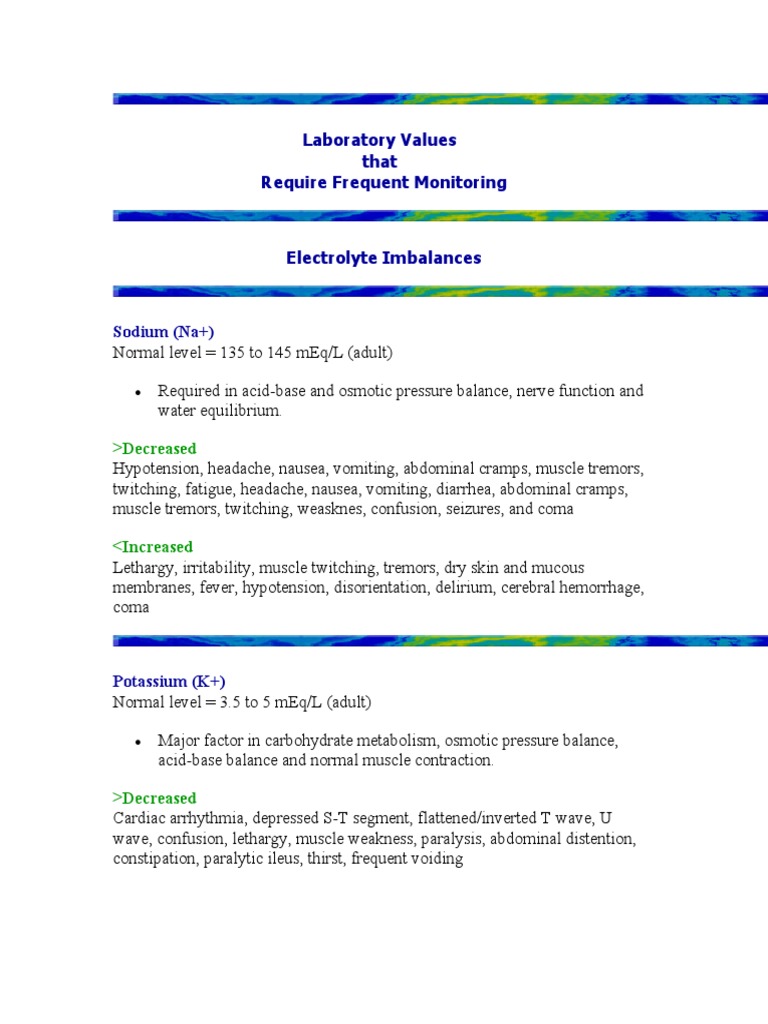 Essential Laboratory Values Monitoring | PDF | Bicarbonate | Symptoms ...