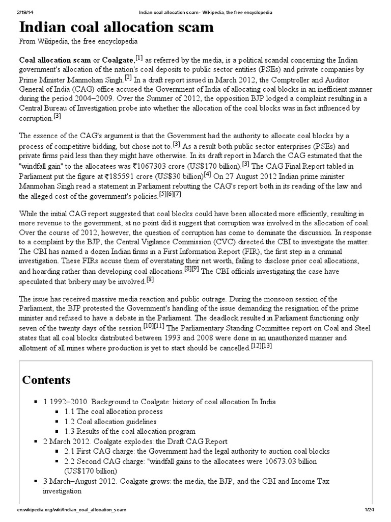 Indian Coal Allocation Scam - Wikipedia, The Free Encyclopedia | PDF ...