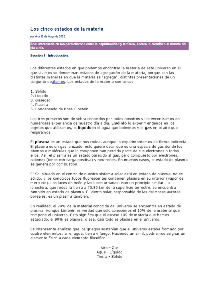 Los Cinco Estados de La Materia (Condensado de Bose - Einstein) | PDF ...