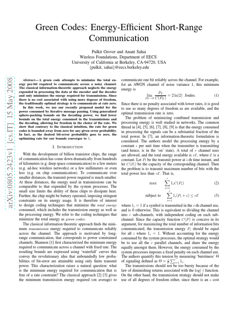 Green Codes: Energy-Efficient Short-Range Communication | PDF ...