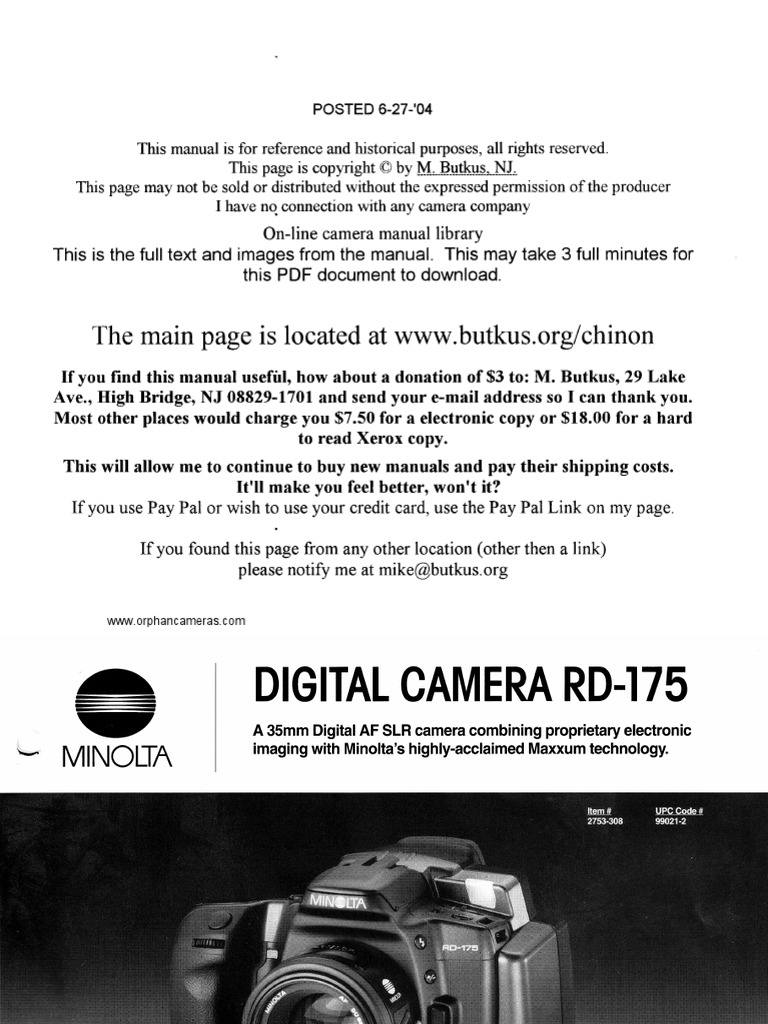 Minolta Rd-175 Digital Camera | Download Free PDF | Photography ...