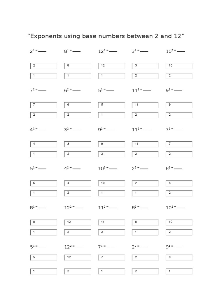 Exponents Using Base Numbers Between 2 and 12 | PDF