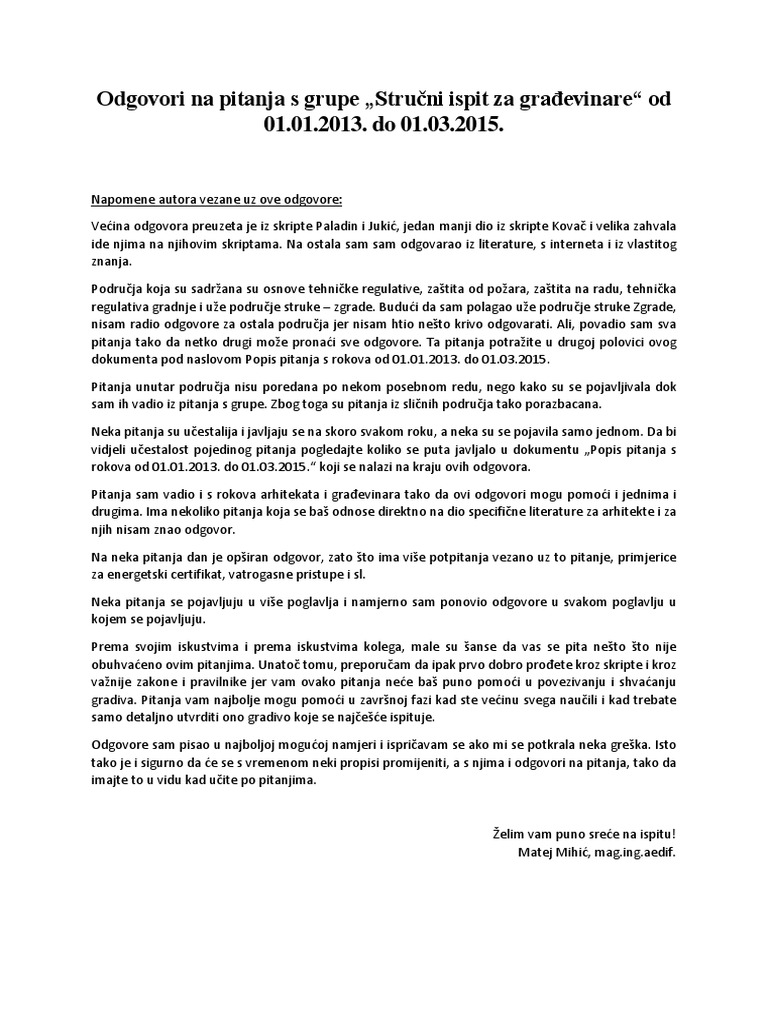 Stručni Ispit Za Građevinare I Arhitekte - Odgovori Na Pitanja S Rokova | PDF