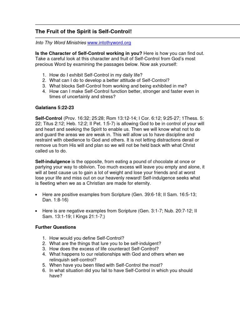 Fruit of The Spirit Self-Control | PDF | Fruit Of The Holy Spirit ...