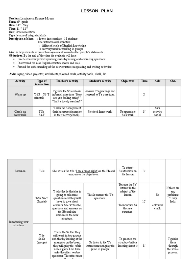 Lesson Plan Vi | PDF | Lesson Plan | Cognition