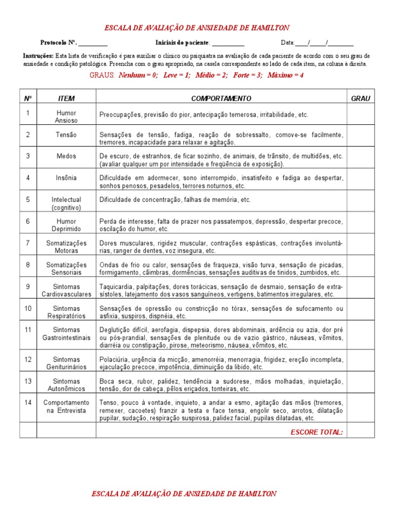 Escala de Hamilton | PDF | Depressão | Especialidades médicas