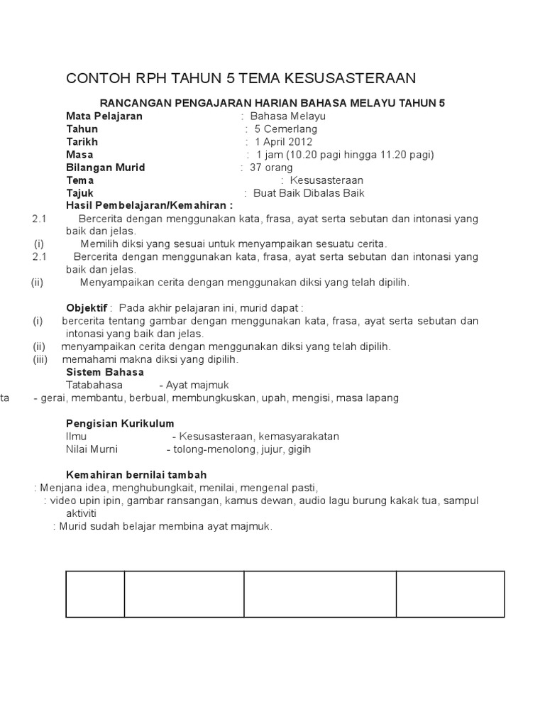 Contoh RPH Tahun 5 Tema Kesusasteraan 2 | PDF