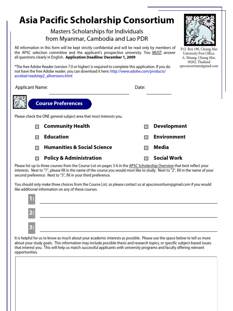 Asia Pacific Masters Scholarships Form | PDF | International English ...