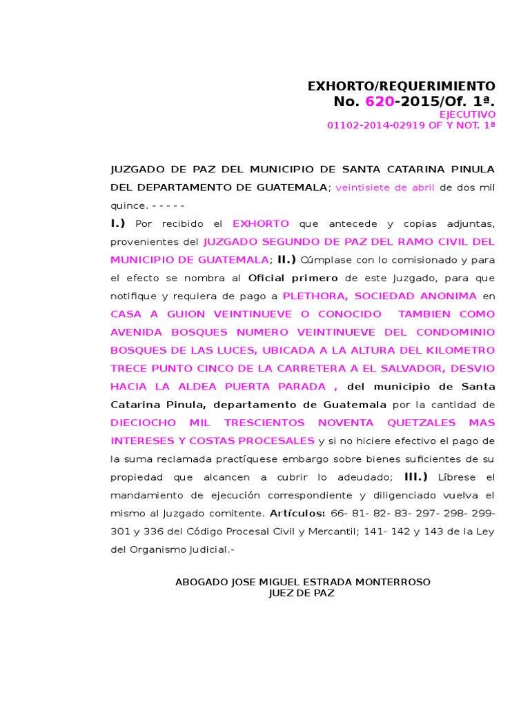 Modelo de un Exhorto Ejecutivo Con Requerimiento | Guatemala | Justicia