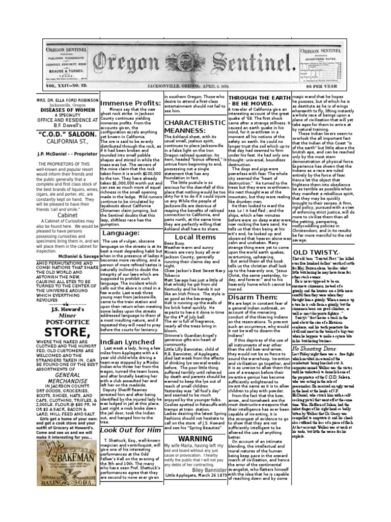 Oregon Sentinel - April 2nd - 1879 | PDF | Young Adult